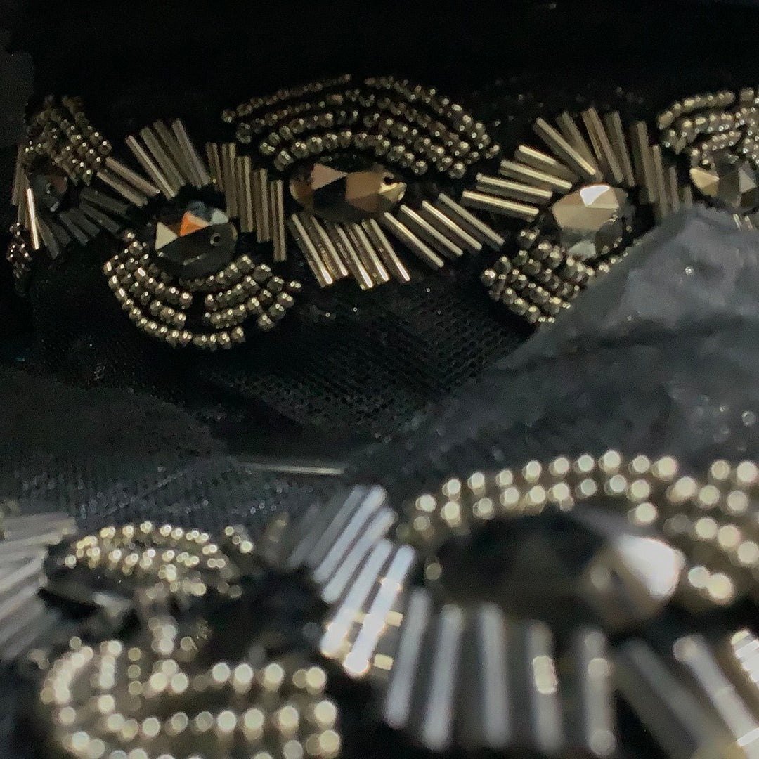 Embellished bugle beading trim on net – www.jimmybuttons.com.au